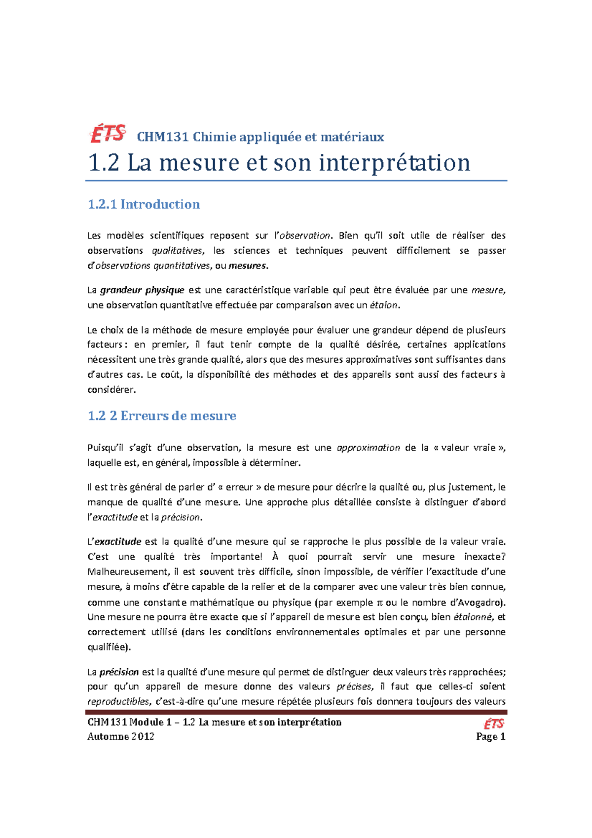 1-2 La mesure et son interprétation PAS A Lexam - CHM131 Module 1 – 1 ...