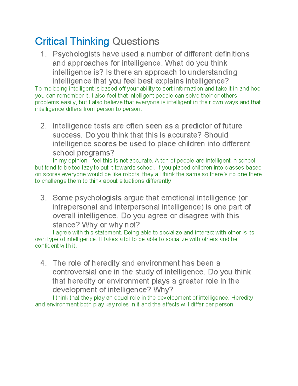 Unit 4 critical thinking psychology WORD - Critical Thinking Questions ...