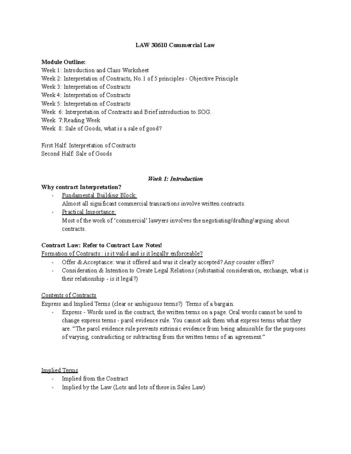 Commercial Law - lecture notes - LAW 30610 Commercial Law Module ...