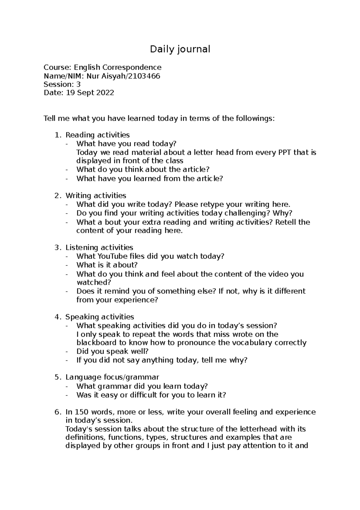 2103466 Nur Aisyah Daily Journal Week 3 - Daily journal Course: English ...