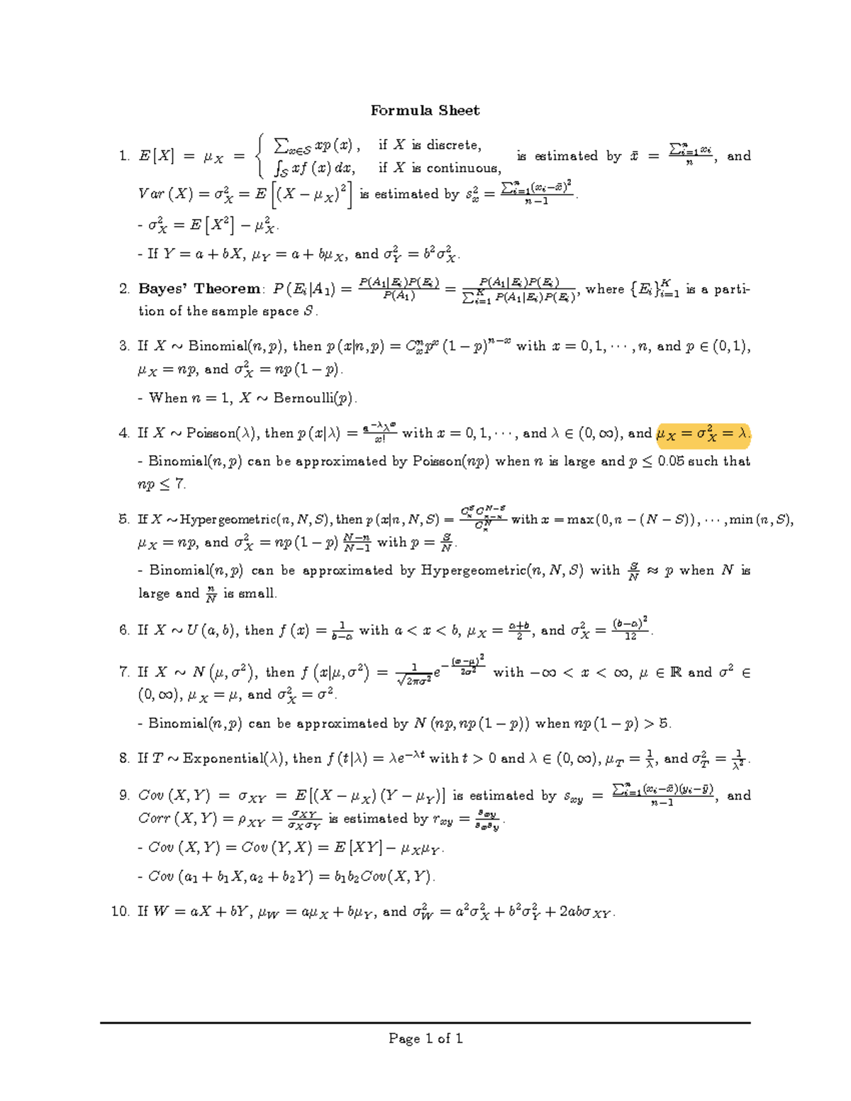 Formula Sheet Midterm ver3 - Formula Sheet E [X] = X = ( P R x2S xp (x ...
