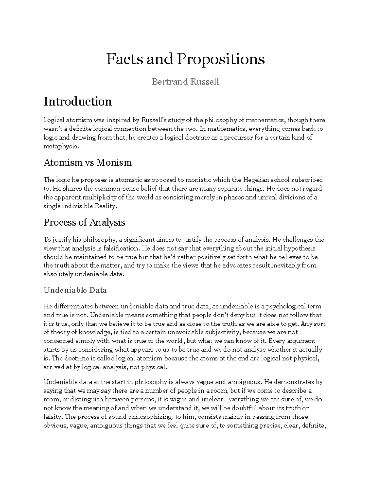 Logical Atomism - Summary Philosophy Honours - Facts and Propositions ...
