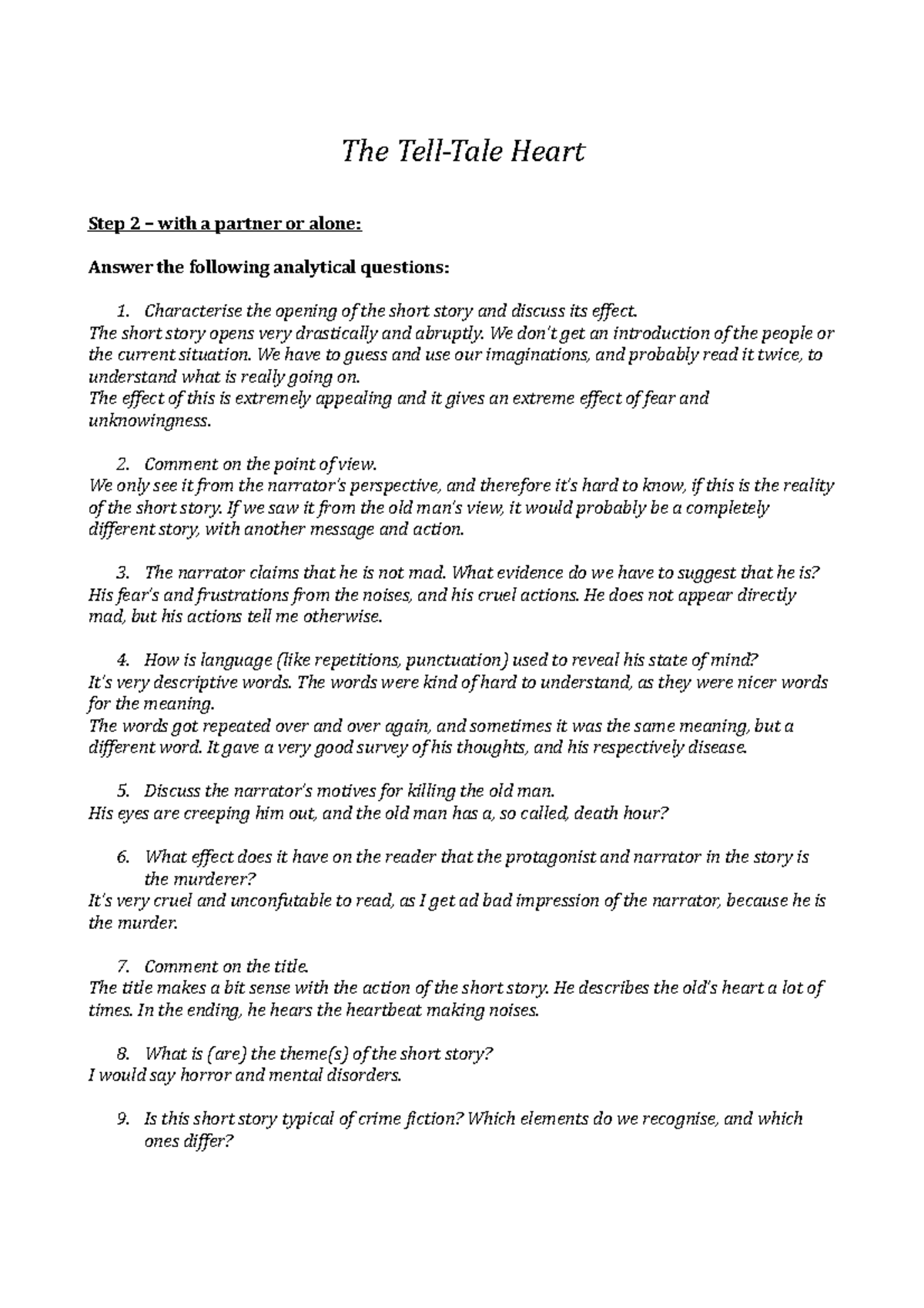 The Tell-Tale Heart analysis questions - The Tell-Tale Heart Step 2 ...
