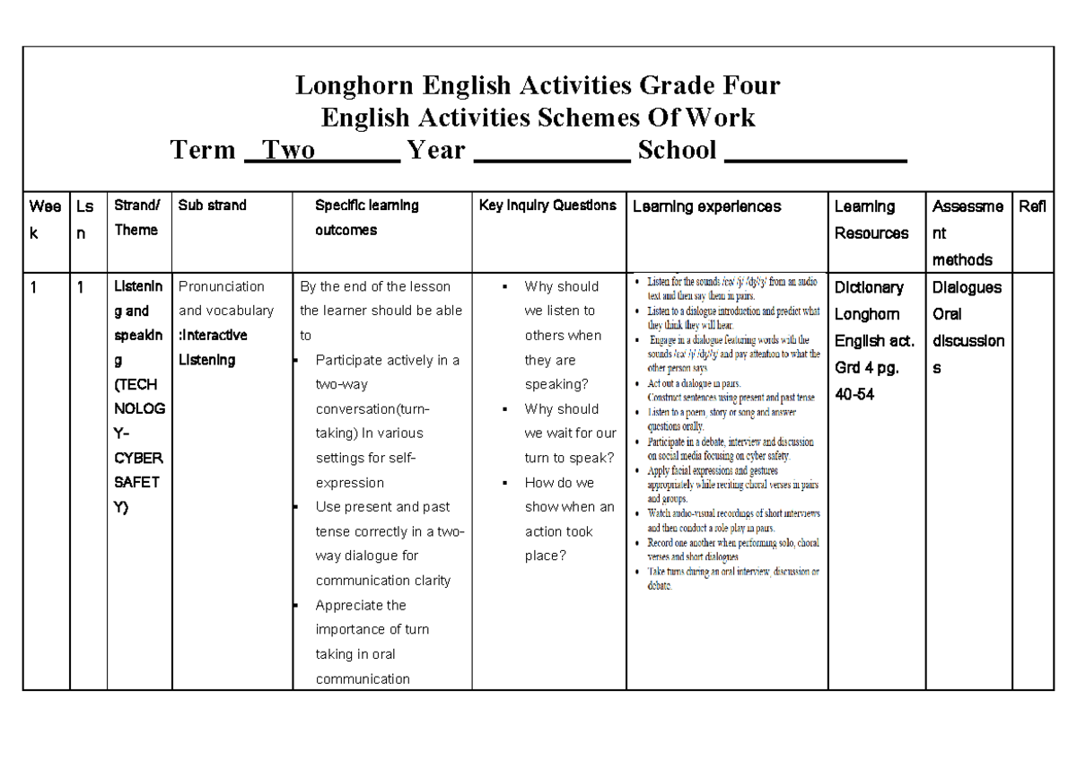 Grade 4 TERM 2 2020 English Schemes - Longhorn English Activities Grade ...