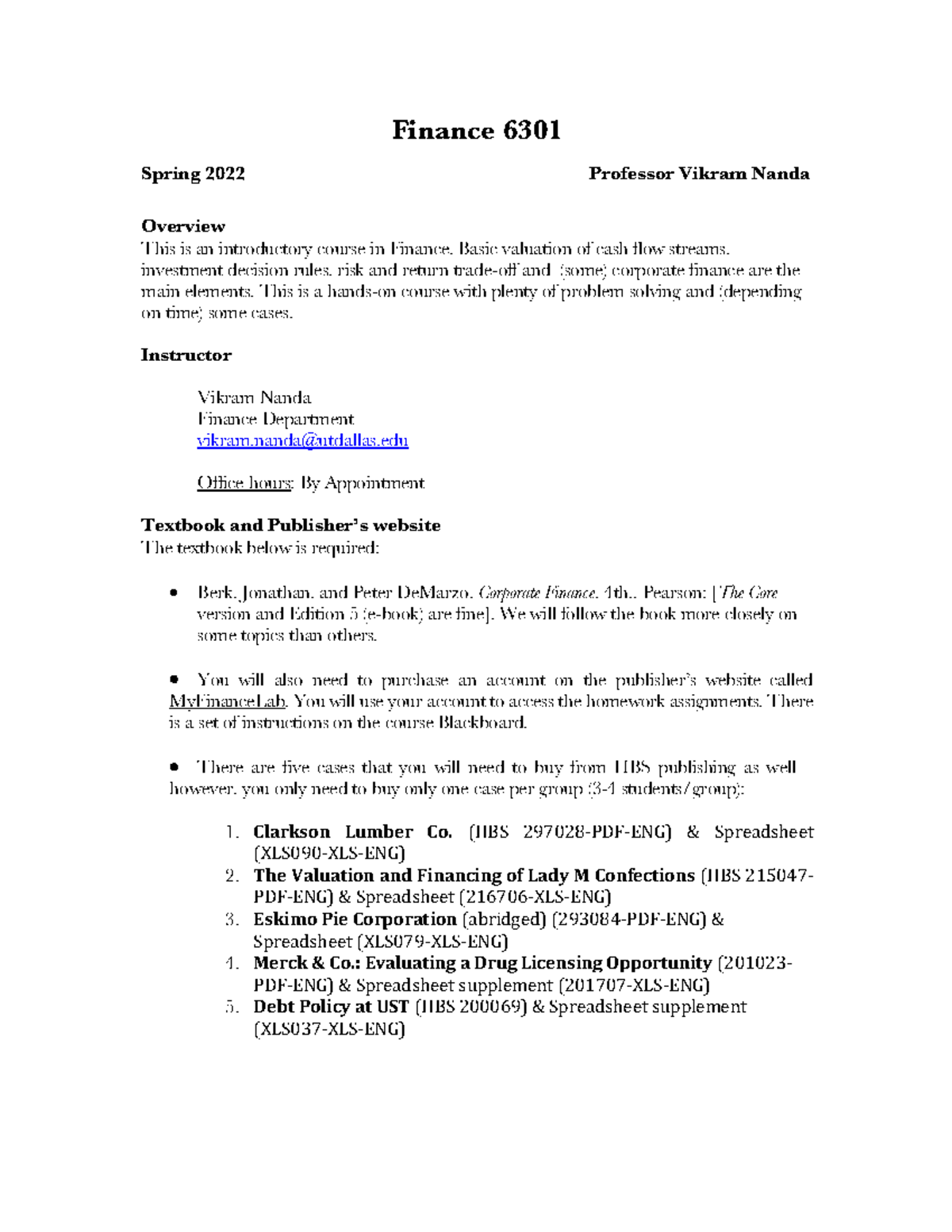 Syllabus of financial management - Finance 6301 Spring 2022 Professor ...