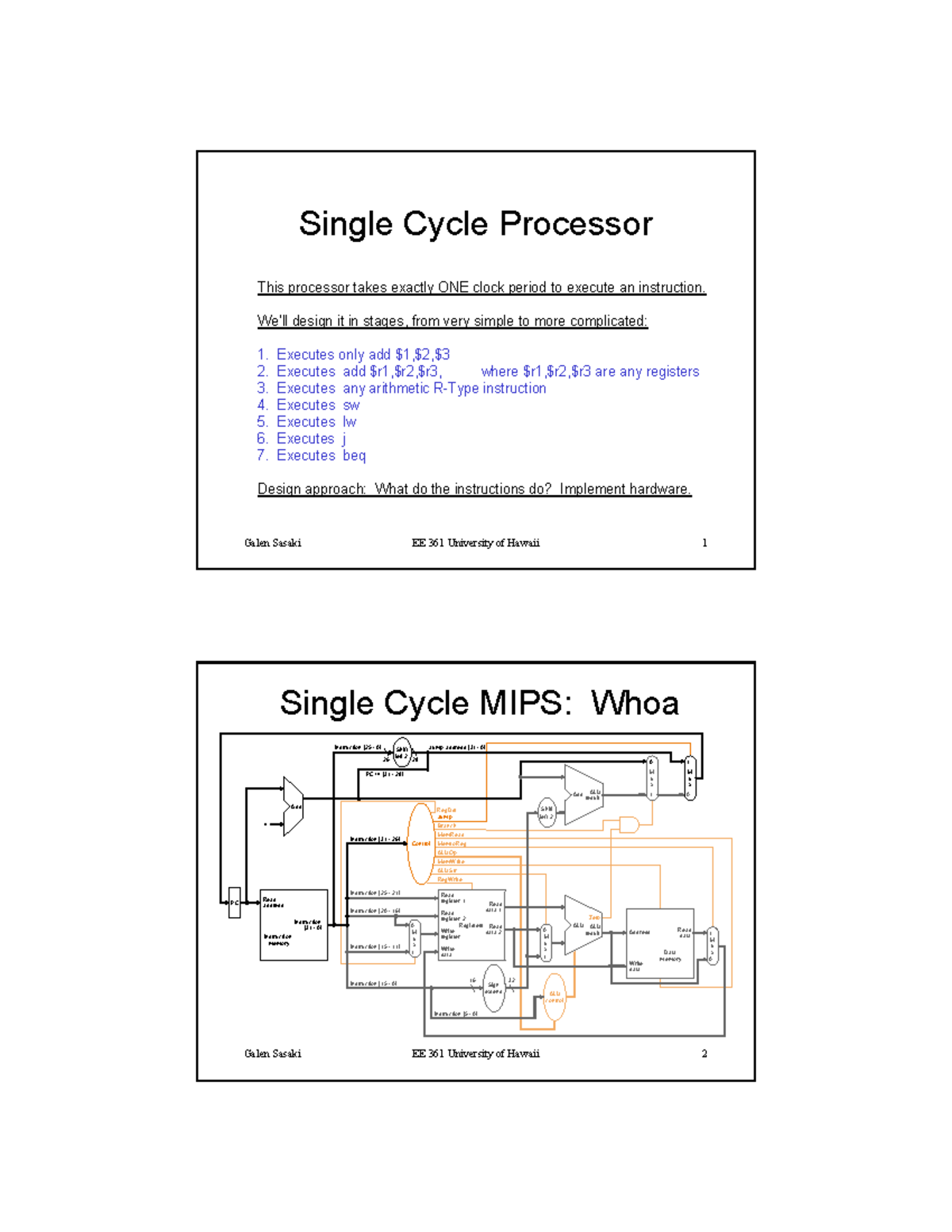 Single MIPS 12345 - Galen Sasaki EE 361 University of Hawaii 1 Single Cycle Processor This ...