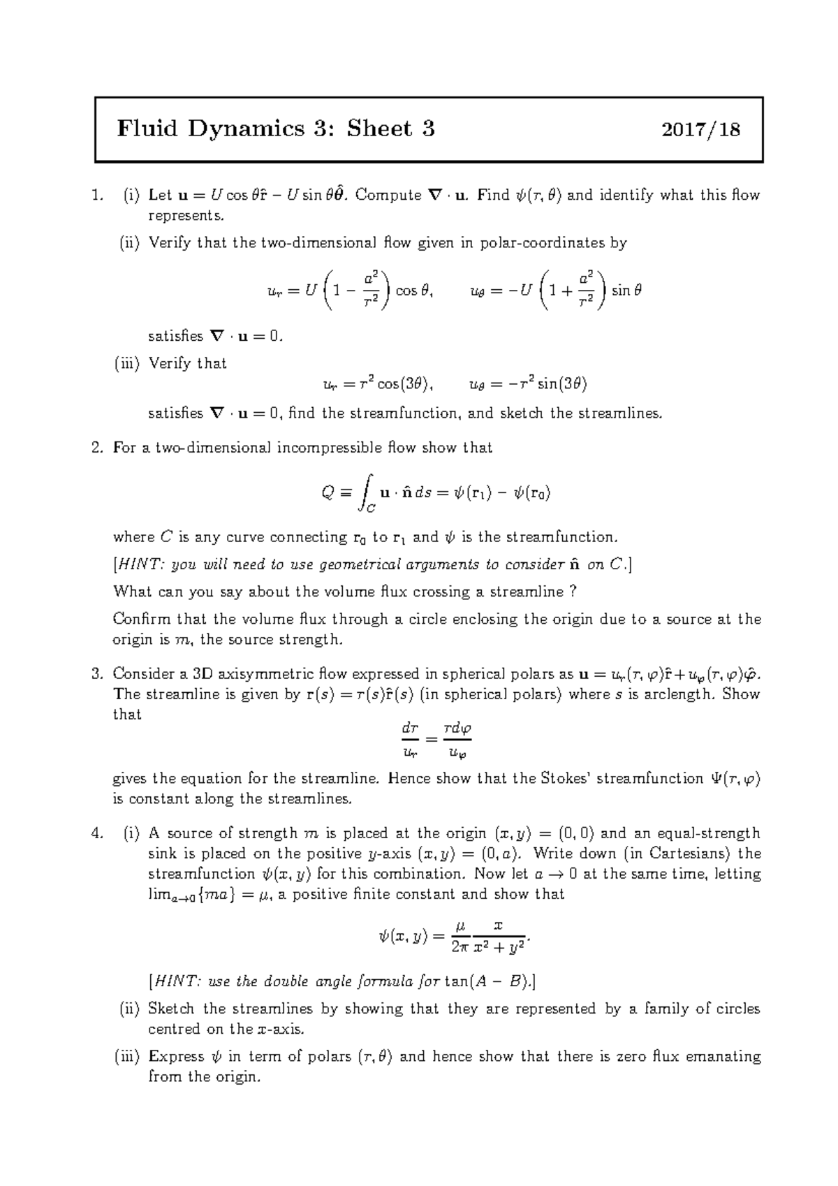 MATH33200 2017-2018 Problem Sheet 3 - Fluid Dynamics 3: Sheet 3 1. 2017 ...