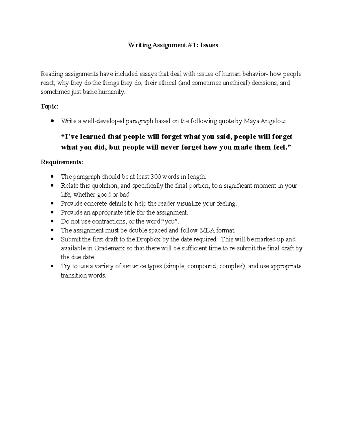 ENG 100 Essay - Writing Assignment # 1: Issues Reading assignments have ...