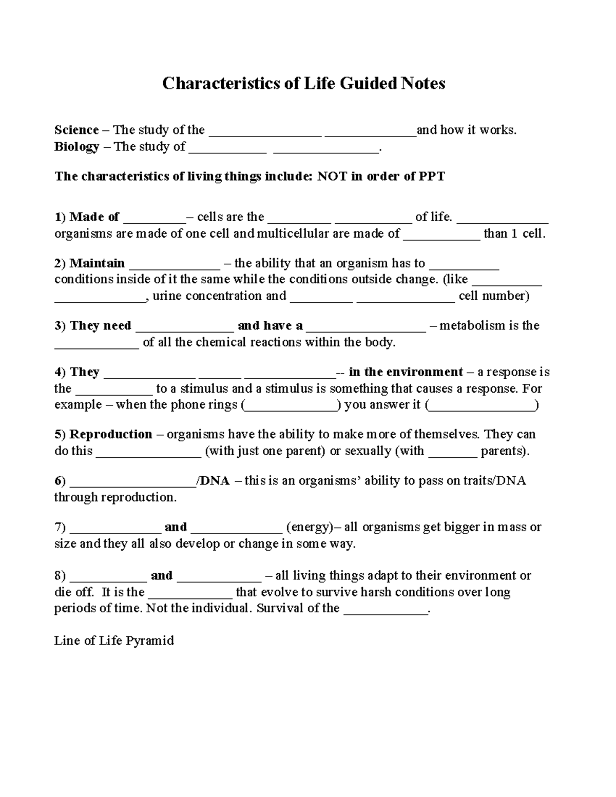 Characteristics of Life Guided Notes - Characteristics of Life Guided ...
