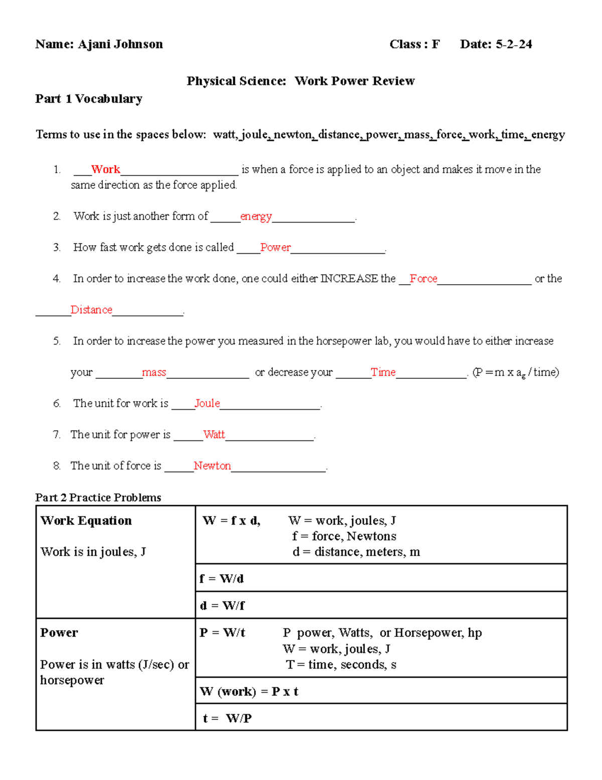 Work Power Review - Work Vocab - Name: Ajani Johnson Class : F Date: 5 ...