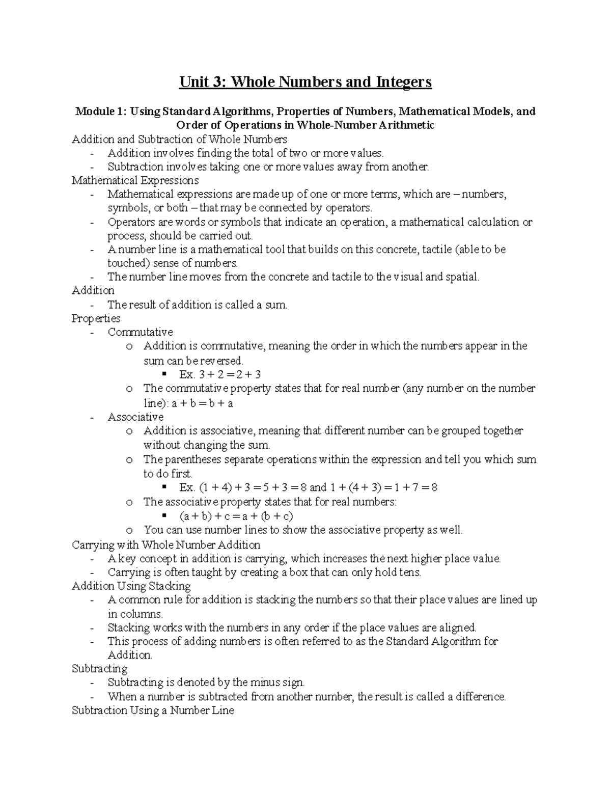 Math 1 Unit 3 - Unit 3: Whole Numbers and Integers Module 1: Using Standard Algorithms ...