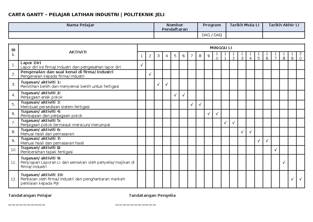 Contoh Student Progress Gantt Chart - CARTA GANTT – PELAJAR LATIHAN INDUSTRI | POLITEKNIK JELI ...