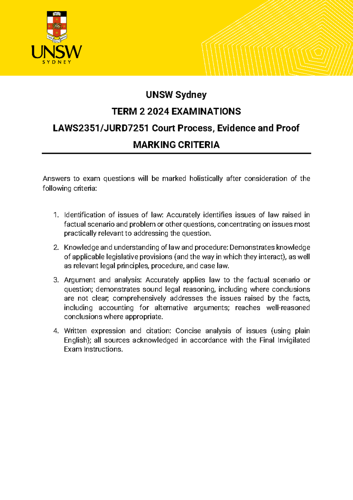 T2 2024 Final Exam Marking Criteria - UNSW Sydney TERM 2 2024 EXAMINATIONS LAWS2351/JURD7251 ...