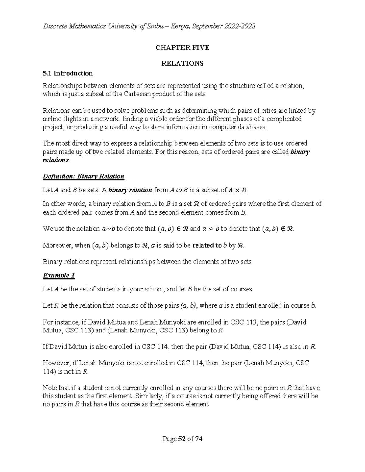 CSC 113 Discrete Mathematics 5 - CHAPTER FIVE RELATIONS 5 Introduction ...