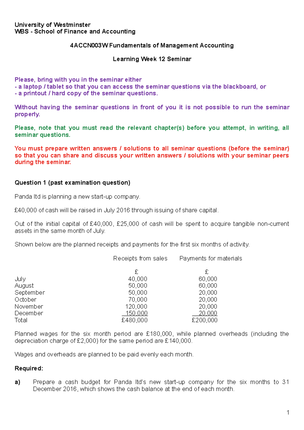 Management Accounting Seminar Questions and Cash Budget Examples - Studocu