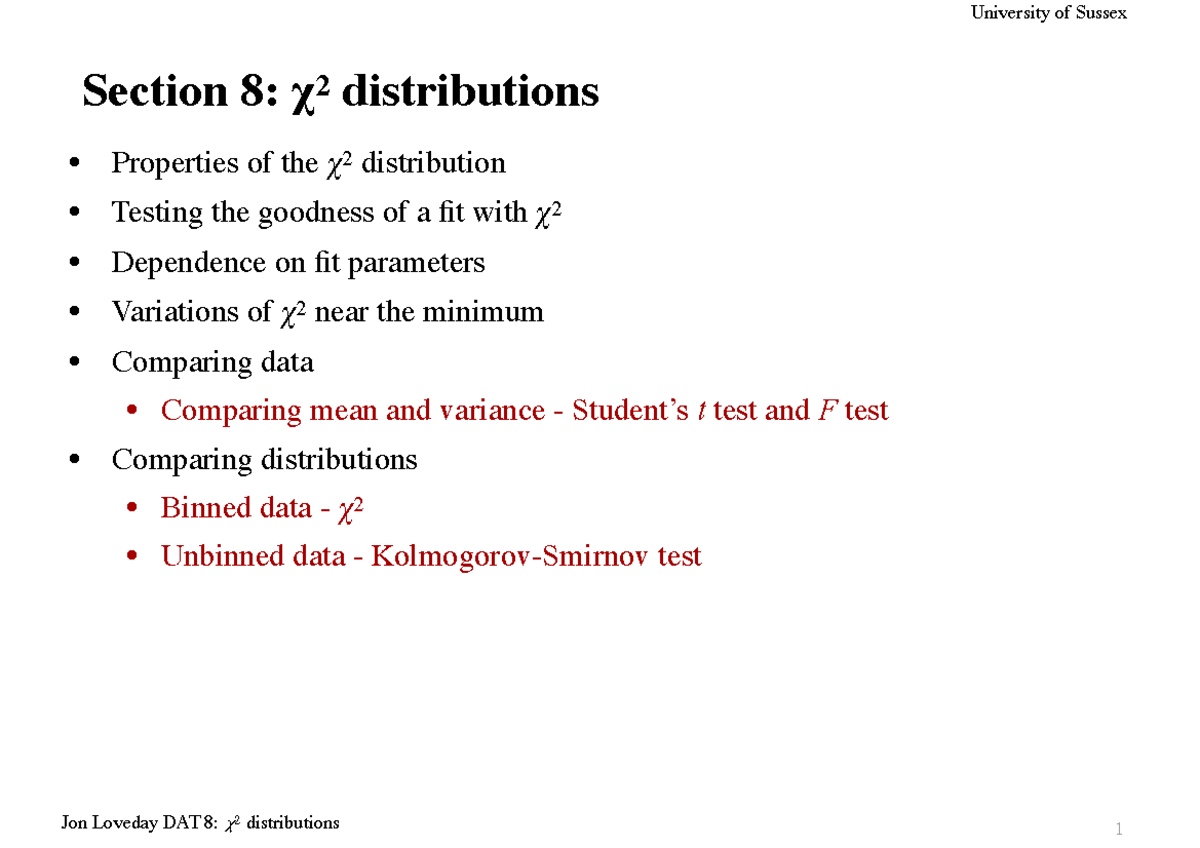 08 chisq - Lecture notes - Jon Loveday DAT 8: 𝜒 2 distributions Section ...