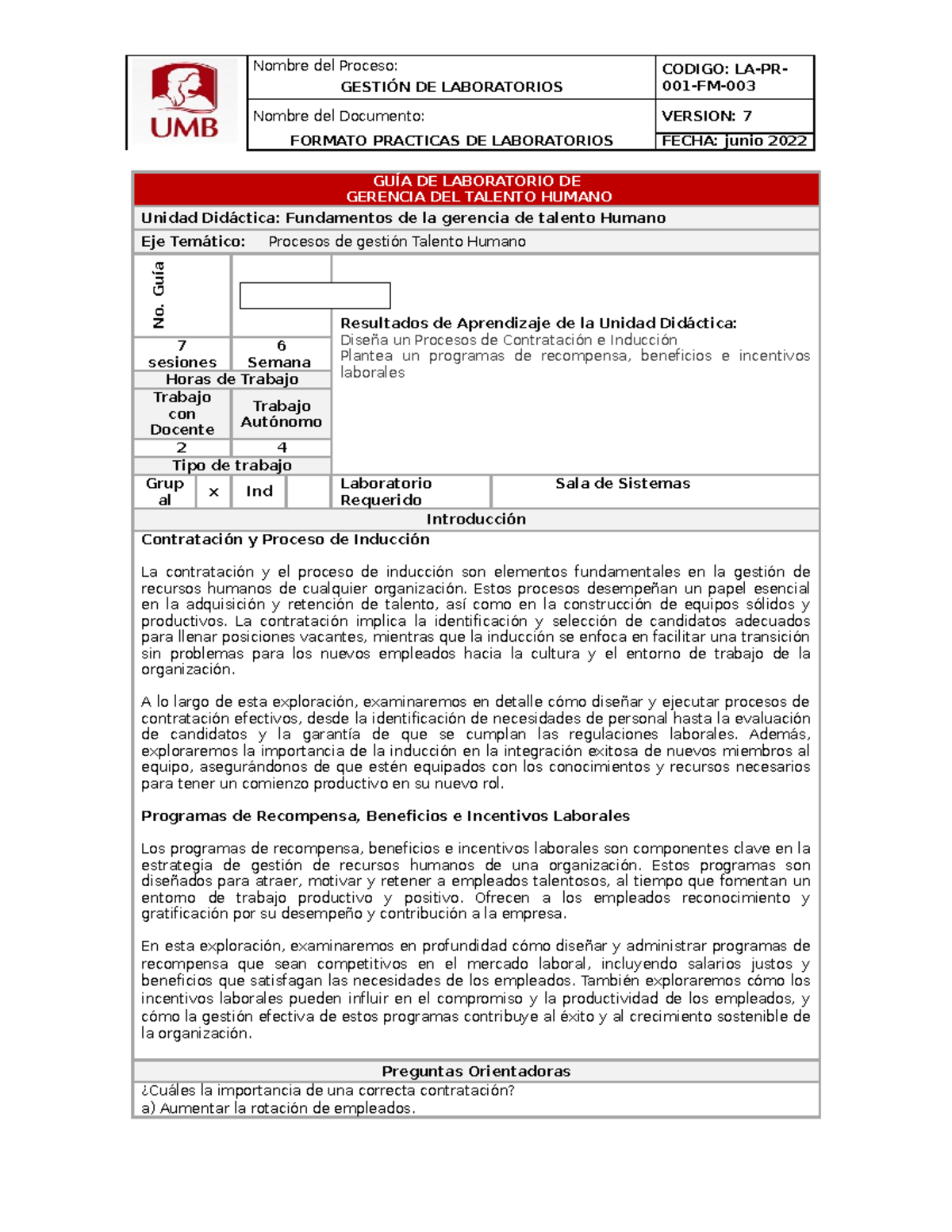 LA-PR-001-FM-003 Practicas DE Laboratorio GTH GUIA3 - GESTIÓN DE LABORATORIOS 001-FM- Nombre del ...