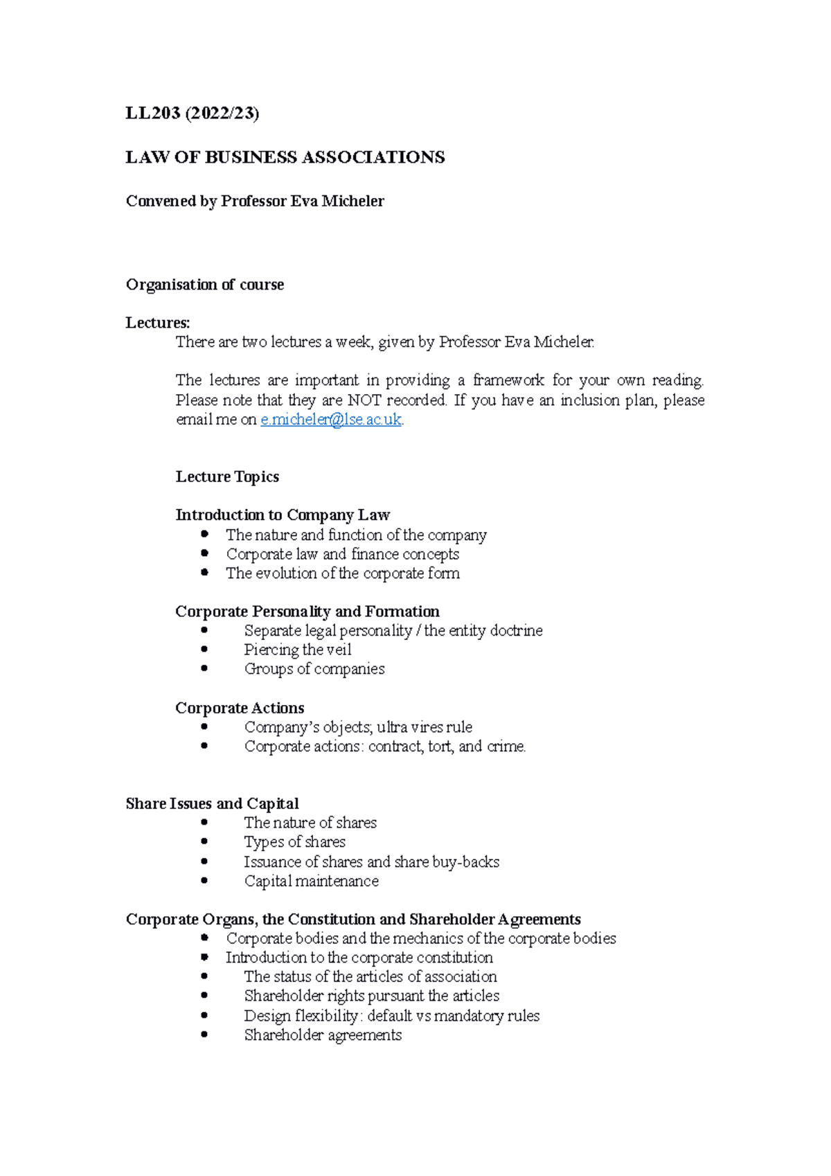 Introduction 2022 - 123456 - LL203 (2022/23) LAW OF BUSINESS ASSOCIATIONS Convened by Professor ...