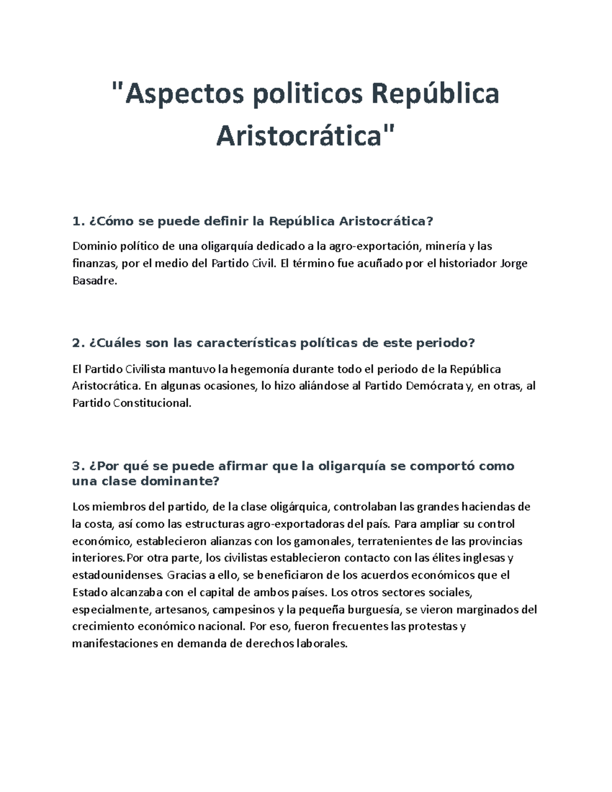 Aspectos politicos República Aristocrática - "Aspectos politicos ...