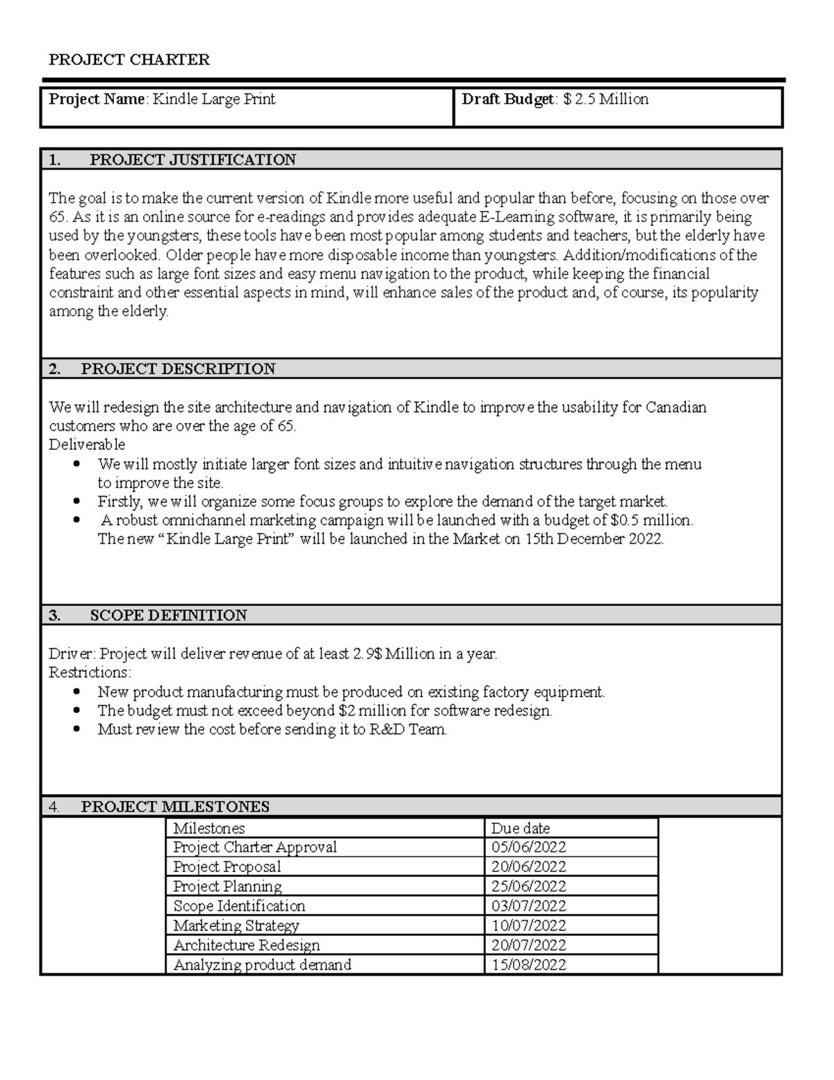 Project Management - Kindle Large Print - PROJECT CHARTER Project Name ...
