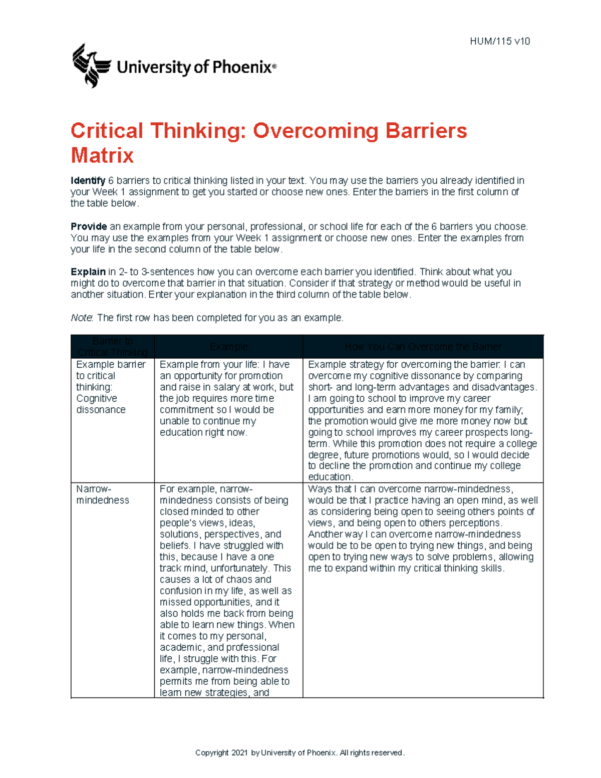 Hum115 v10 wk3 critical thinking overcoming barriers matrix - HUM/115 v ...