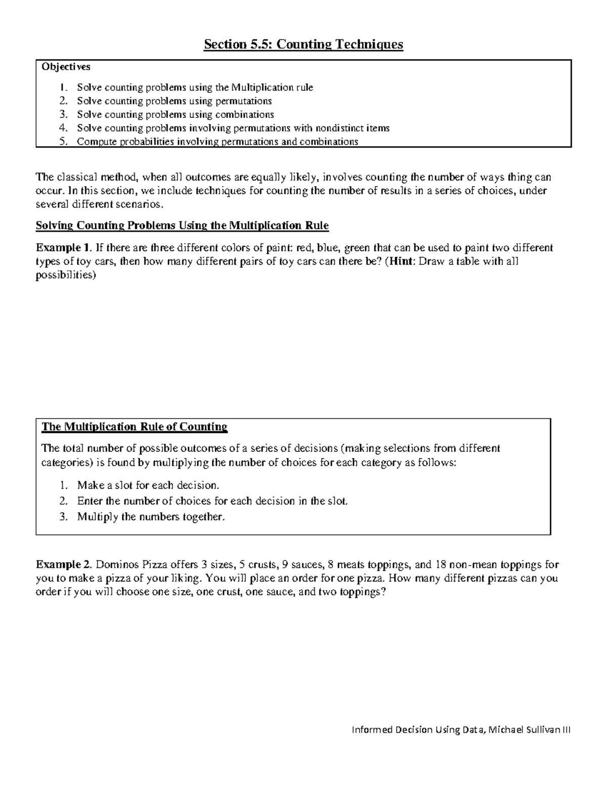 Section 5.5- Counting Techniques - Section 5: Counting Techniques Objectives 1. Solve counting ...