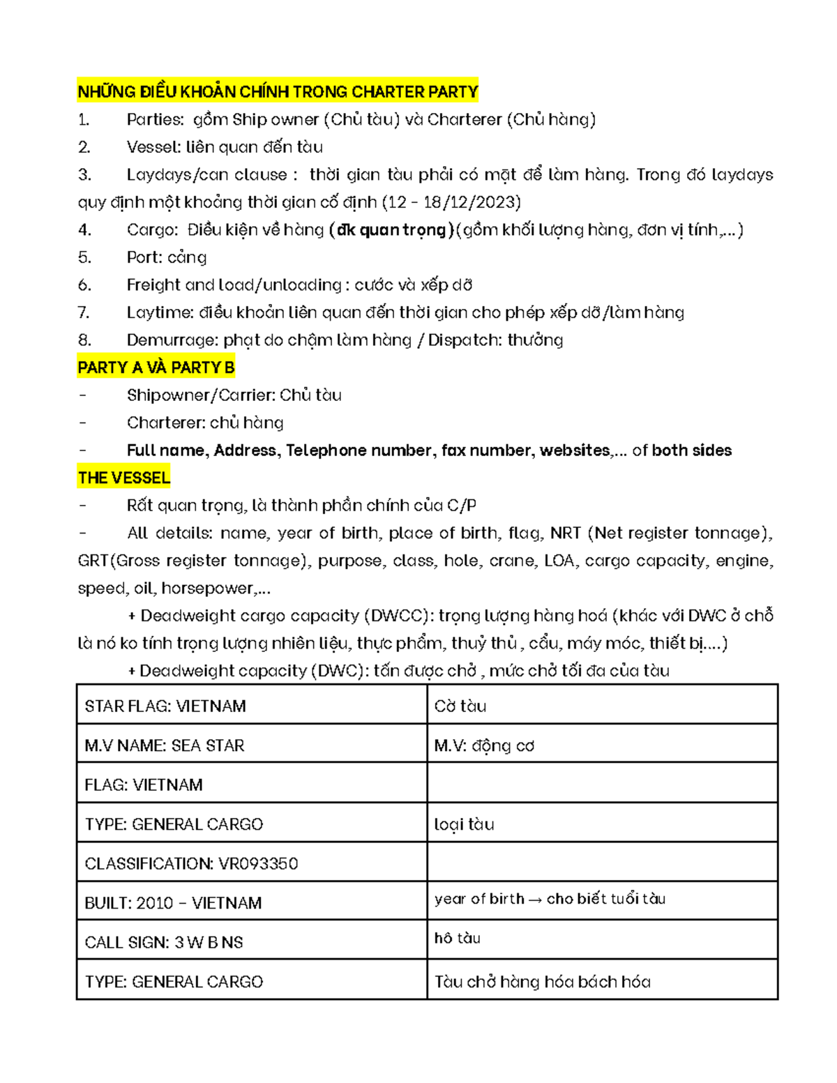 Cô Bích Liên - Vở ghi chương Charter Party - NHỮNG ĐIỀU KHOẢN CHÍNH ...