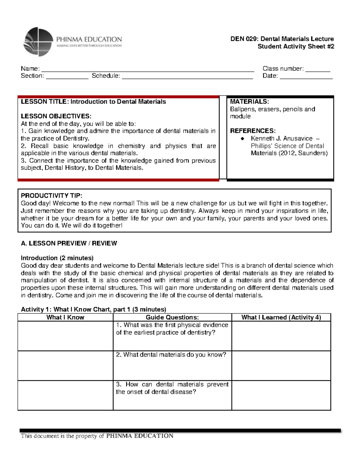 Dental materials lecture - Student Activity Sheet # Name: - Studocu