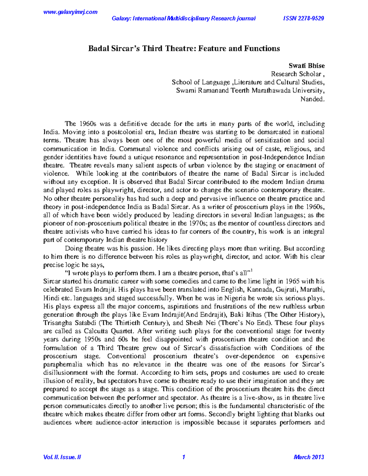 Badal Sarkar-third theatre - Badal Sircar’s Third Theatre: Feature and Functions Swati Bhise ...