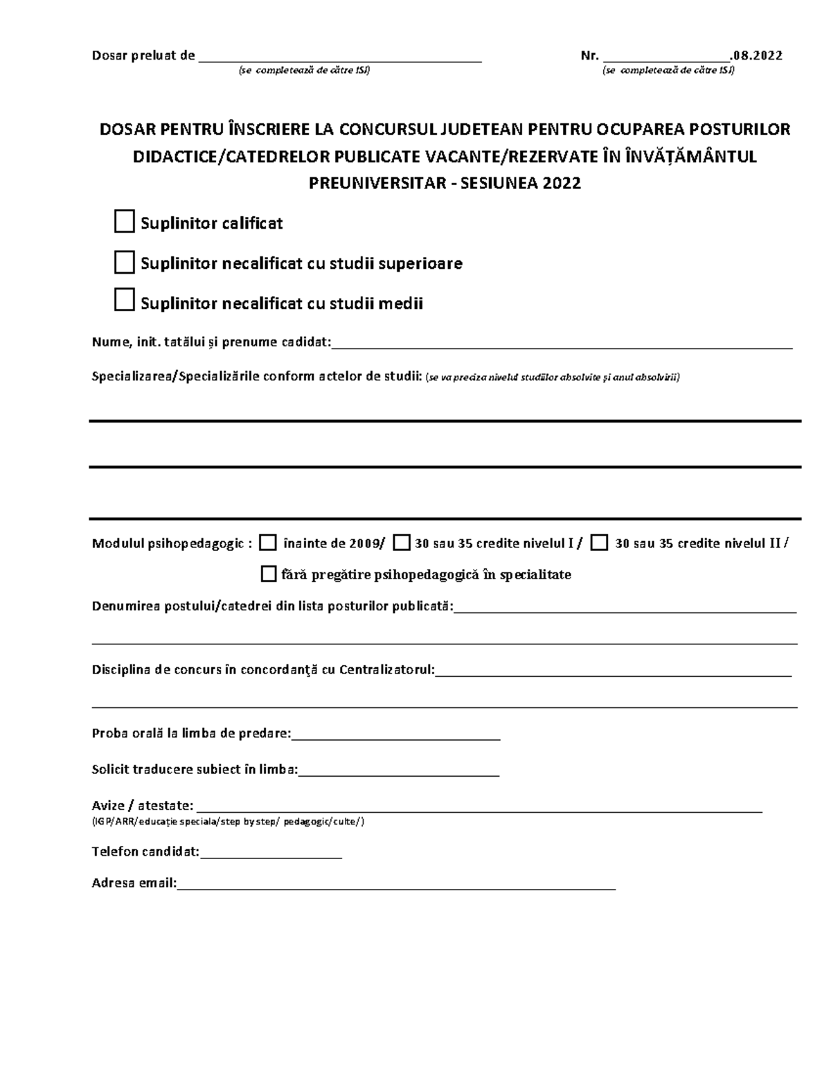 Coperta Dosar Concurs Judetean - Dosar preluat de ______________________________________ (se ...