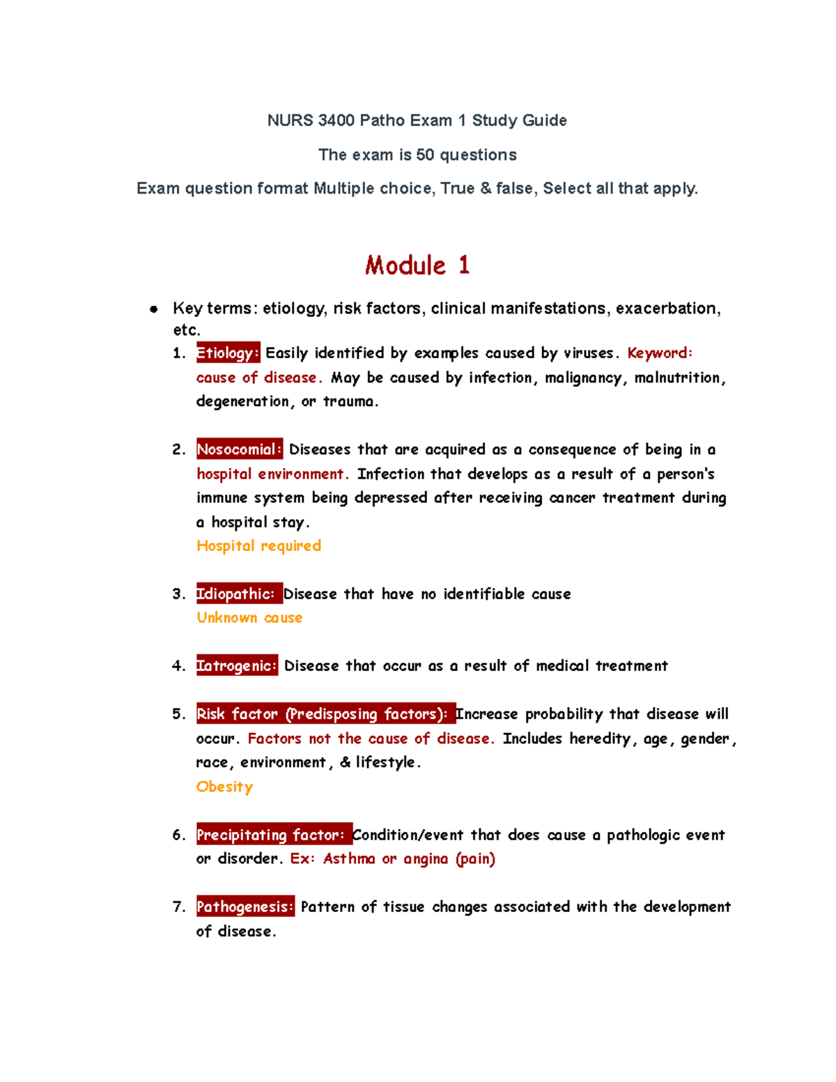 NURS 3400 Patho Exam 1 Study Guide - NURS 3400 Patho Exam 1 Study Guide ...