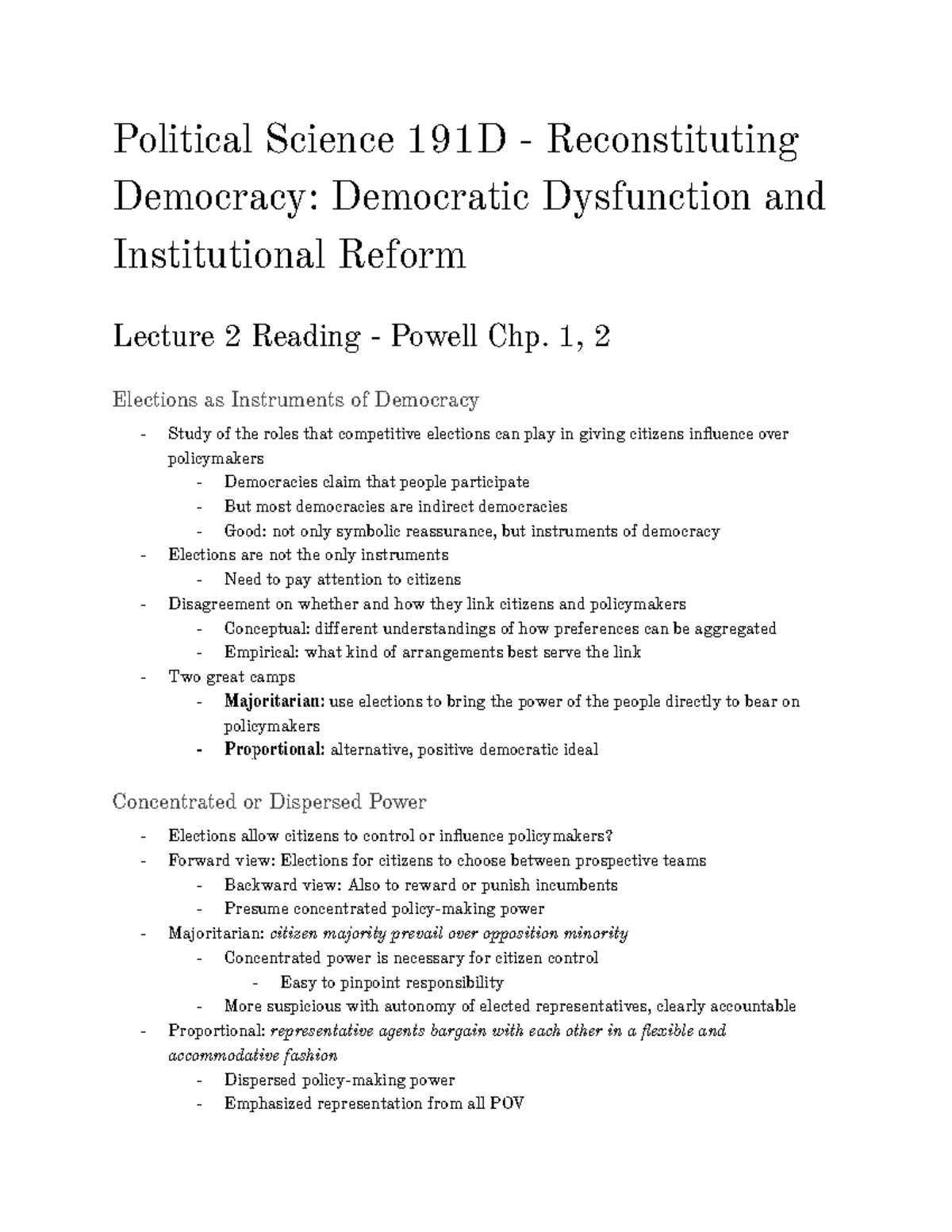 Political Science 191D - 1, 2 Elections as Instruments of Democracy ...