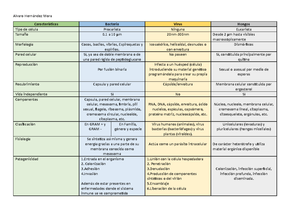 Cuadro comparativo de virus, bacteria y hongo - Alvaro Hernández Mora Características Bacteria ...