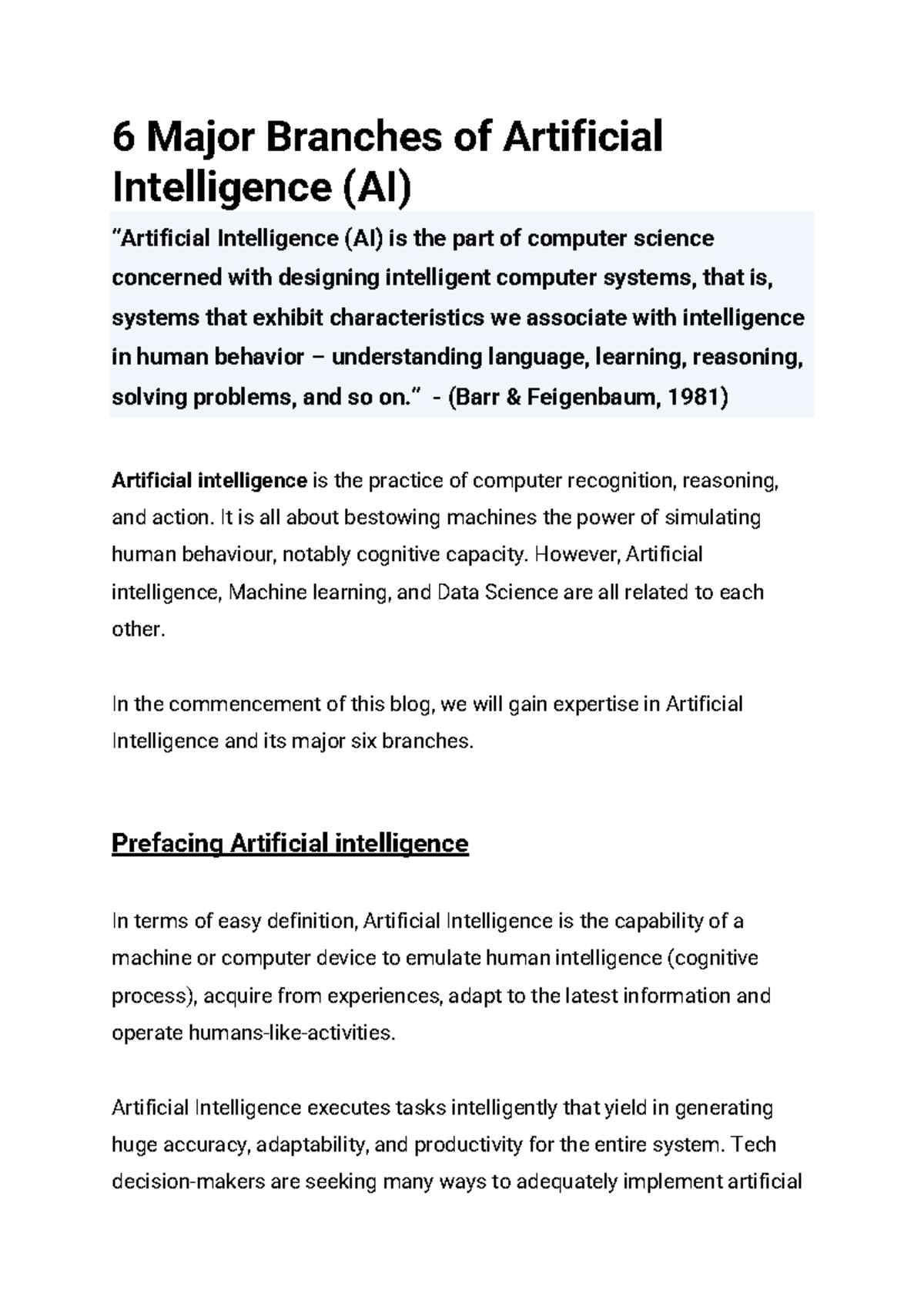 6 Major Branches of Artificial Intelligence - ” - (Barr & Feigenbaum, 1981) Artificial - Studocu