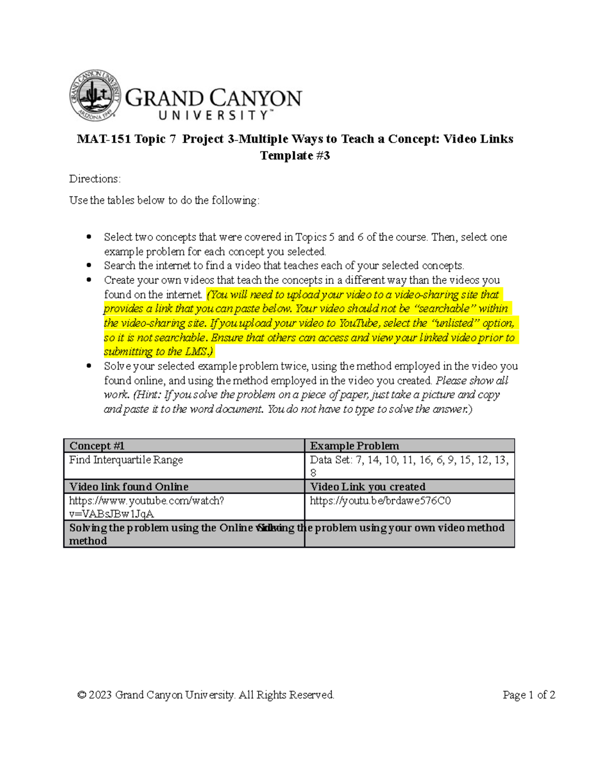 MAT-151-T7-Project 3-Multiple Ways to Teach a Concept Video Links ...