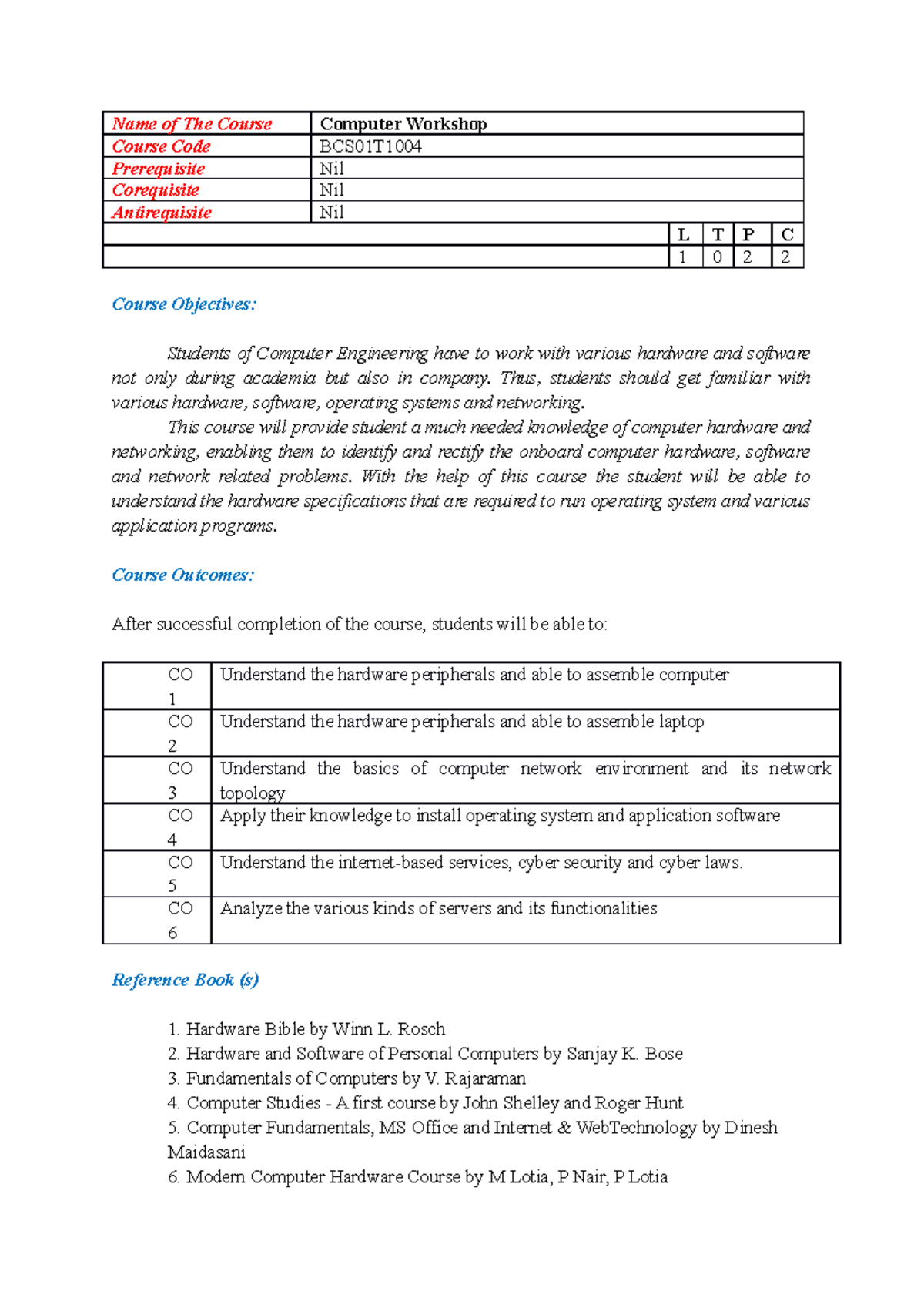 BCS01T1004 Computer Workshop Syllabus - Copy - Name of The Course ...