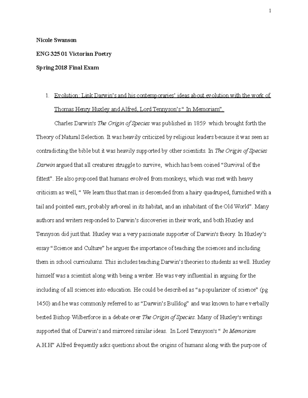 ENG 325 Final Exam - Nicole Swanson ENG 325 01 Victorian Poetry Spring ...