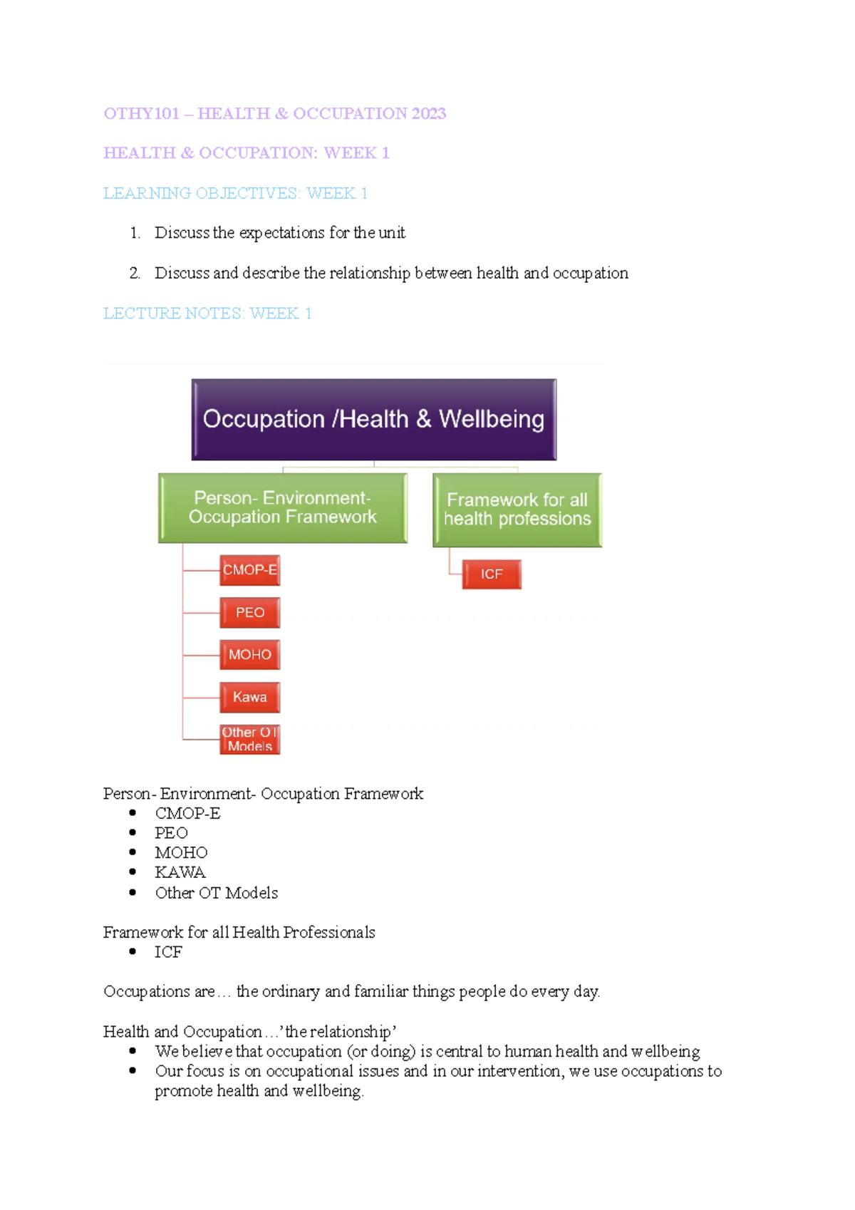 OTHY101 Notes - OTHY101 – HEALTH & OCCUPATION 2023 HEALTH & OCCUPATION ...