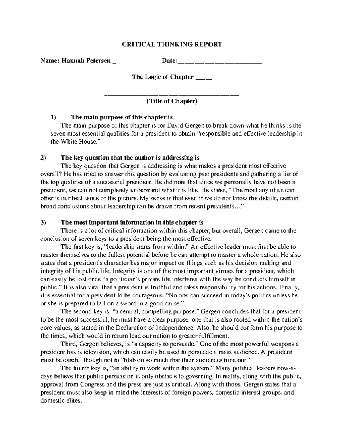 CTR 8 - CTR - CRITICAL THINKING REPORT Name: Hannah Petersen _ Date