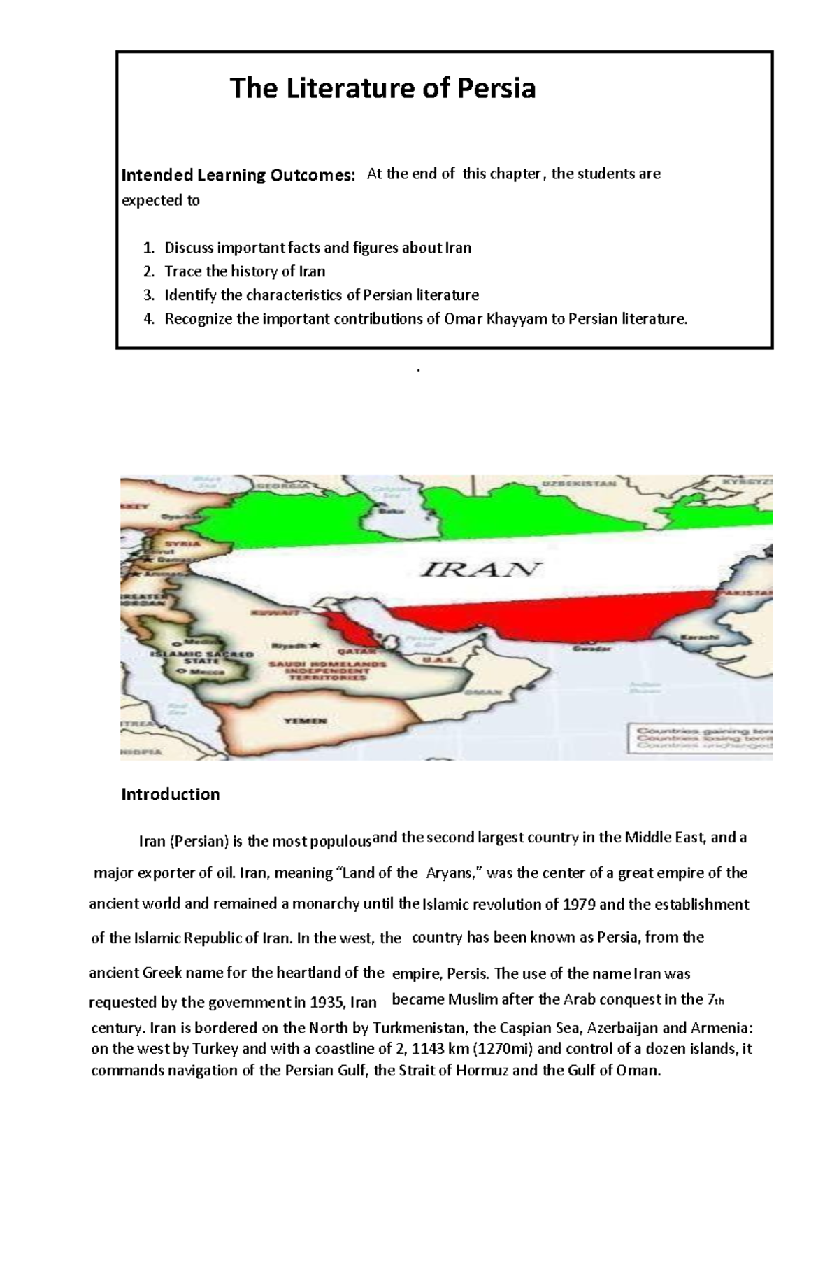 The Literature of Persia I - t n g Outcomes: Intended Learning Outcomes ...