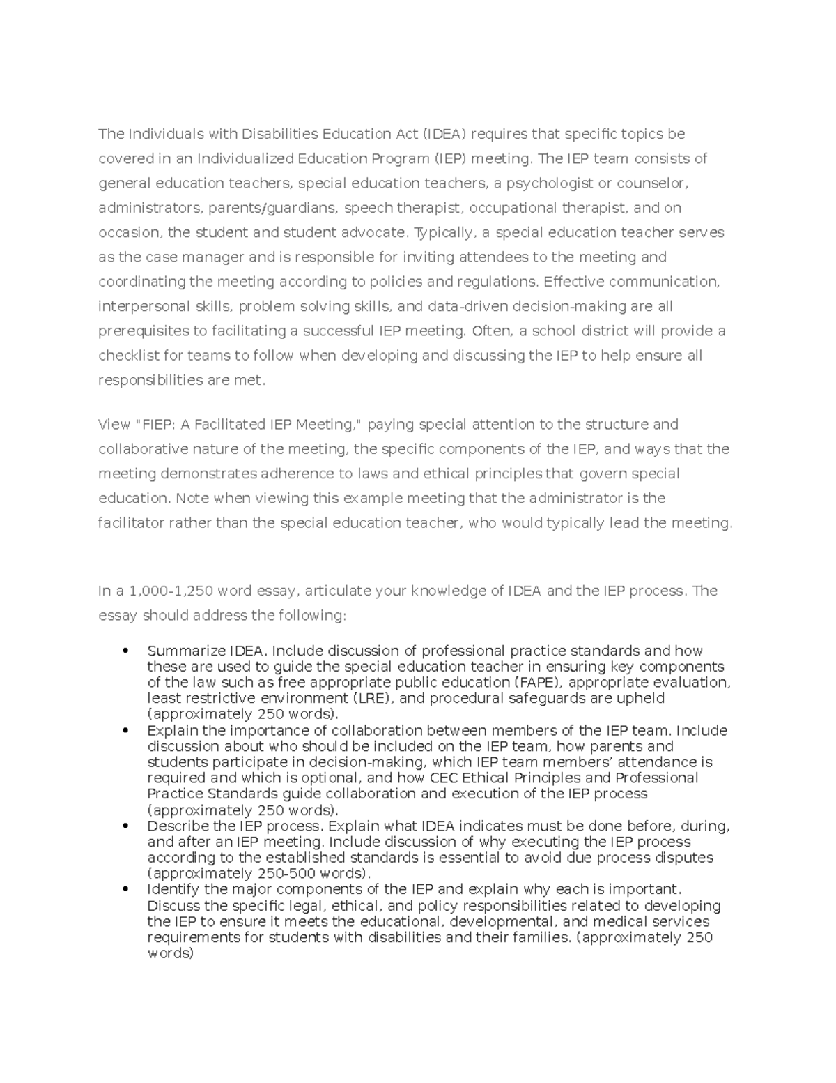 IEP and IDEA assignment - The Individuals with Disabilities Education ...