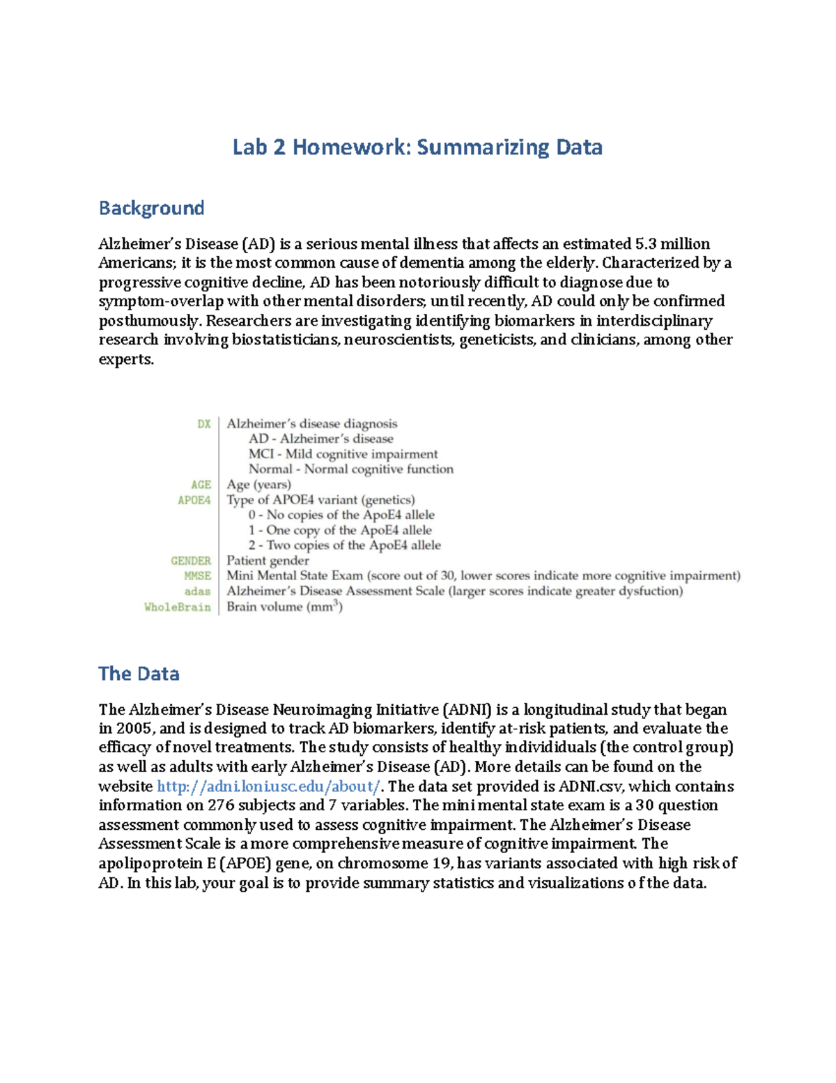 Lab2 Homework FOR CLASS - Lab 2 Homework: Summarizing Data Background ...