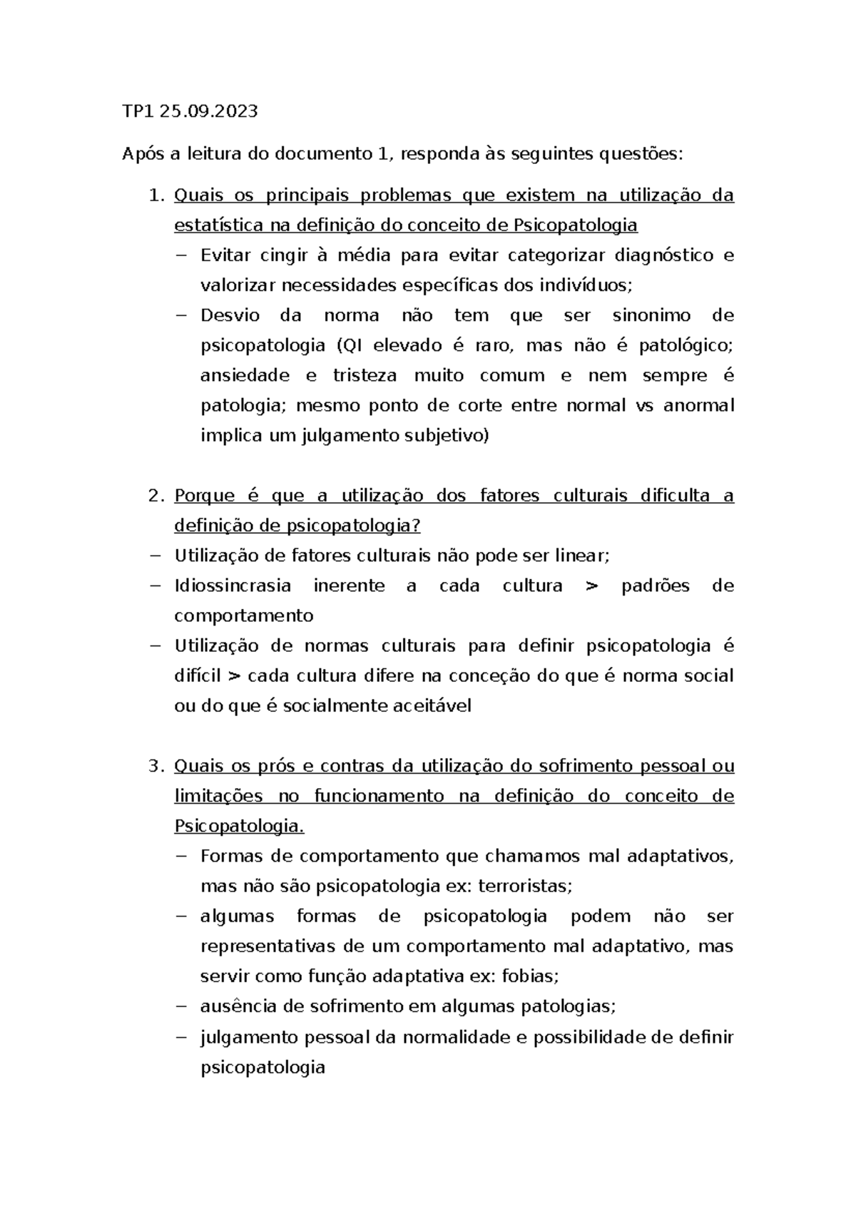 TPs psicopatologia imprimir - TP1 25. Após a leitura do documento 1 ...