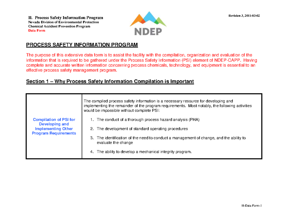 2. Example for Process Safety information (PSI) - II. Process Safety ...