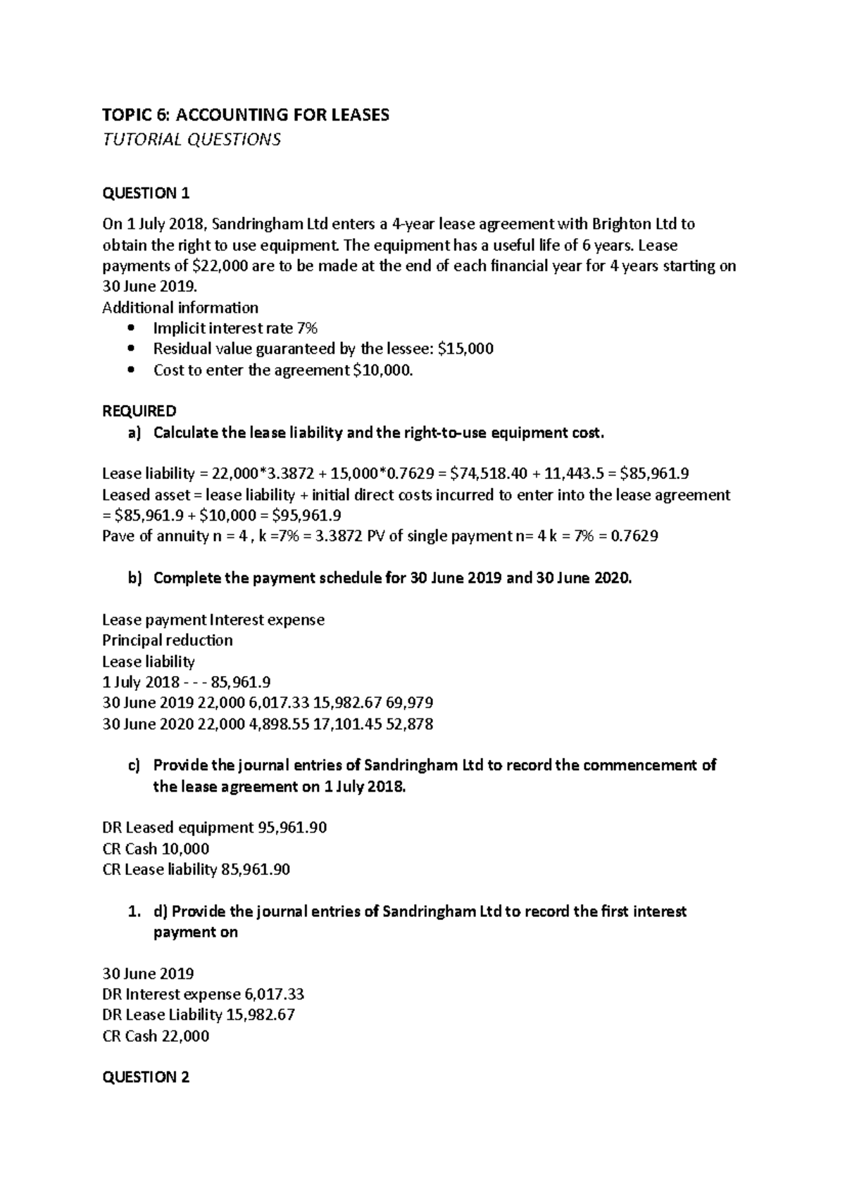 Tutorial topic 6 - TOPIC 6: ACCOUNTING FOR LEASES TUTORIAL QUESTIONS ...