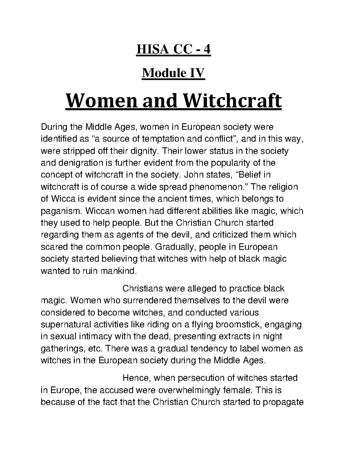 Women and Witchcraft - HISA CC - 4 Module IV Women and Witchcraft During the Middle Ages, women ...