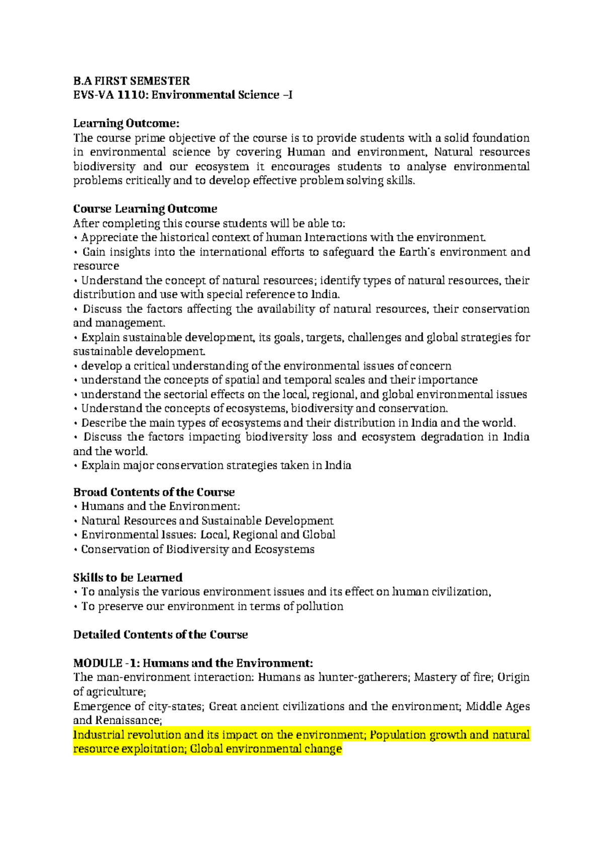 EVS 1 Sem - Syllabus - B FIRST SEMESTER EVS-VA 1110: Environmental ...