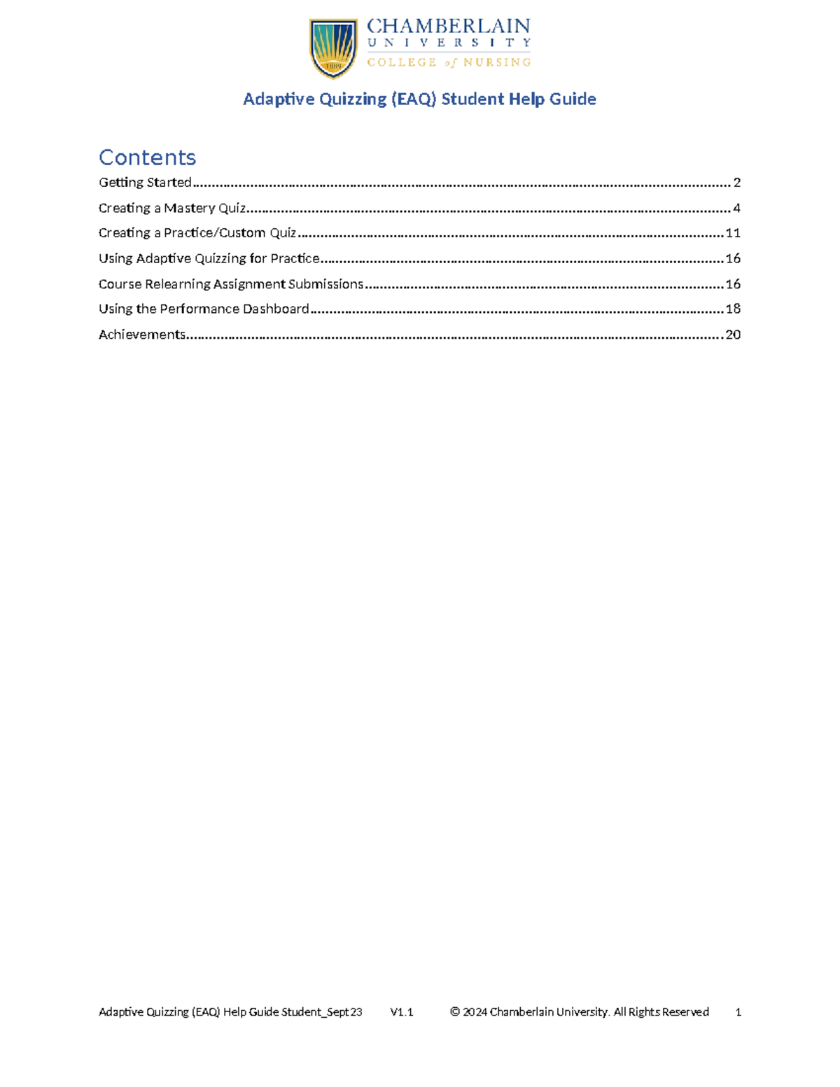 Adaptive Quizzing EAQ Help Guide Students Sept23 - Contents Getting ...