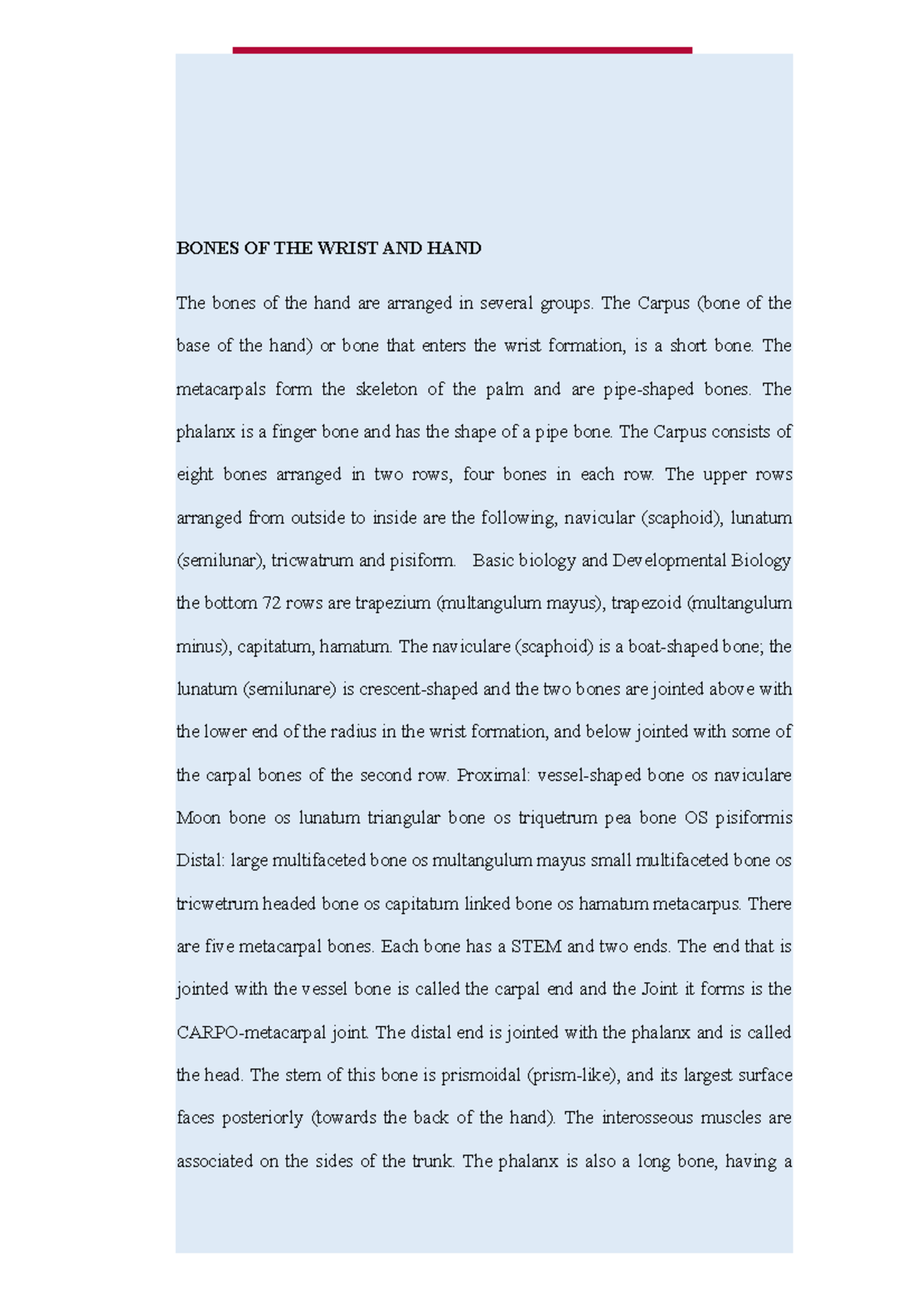 Notes Biology - Bones OF THE Wrist AND HAND - BONES OF THE WRIST AND ...