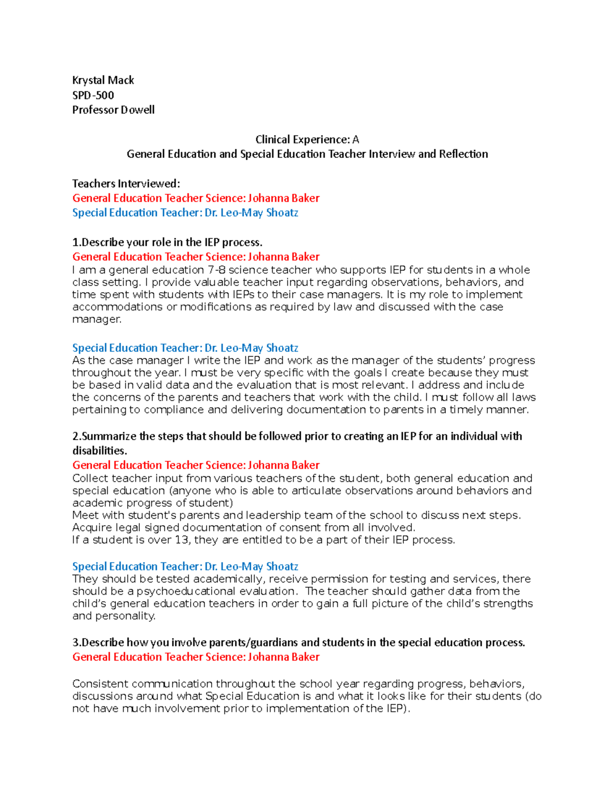 SPD500Clinical Experience A Teacher Interviews - SPD-500 - GCU - Studocu